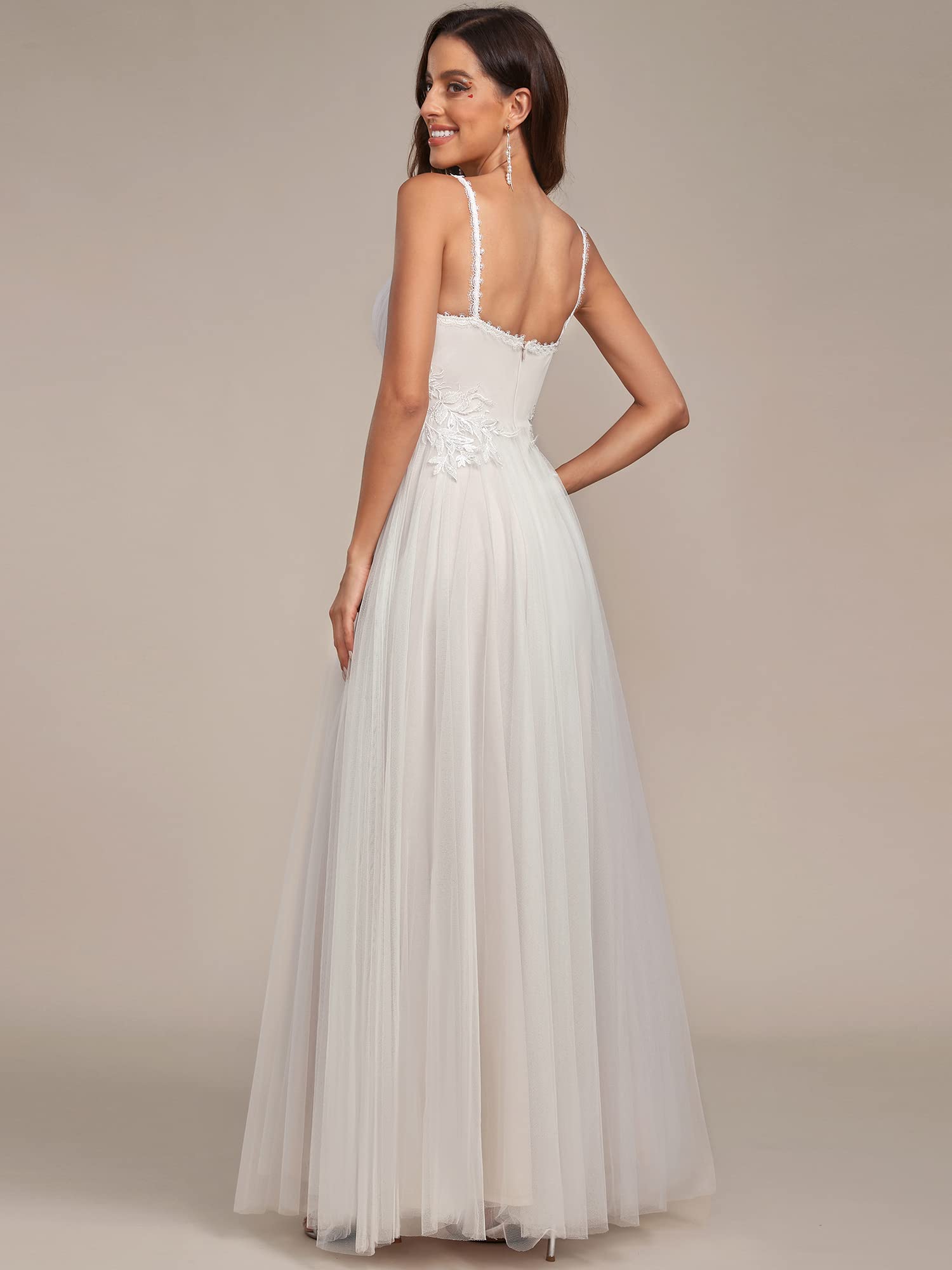 Ever-Pretty Women's Ruched Tulle Embroidered Lace Long Summer Evening Party Dresses for Wedding White US16