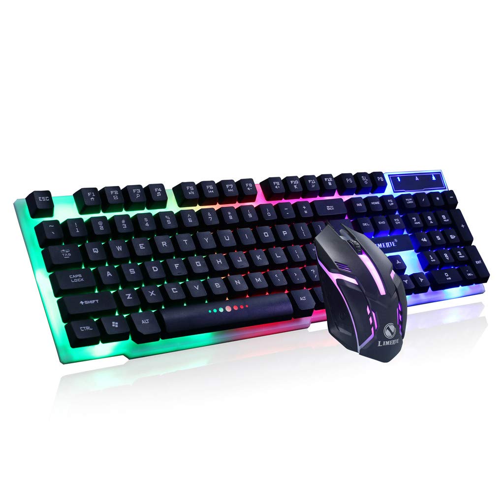 EDTO Gaming Keyboard Mouse Set,GT300 Colorful LED Illuminated Backlit USB Wired PC Rainbow Gaming Keyboard Mouse Set (Black,White) (Black)