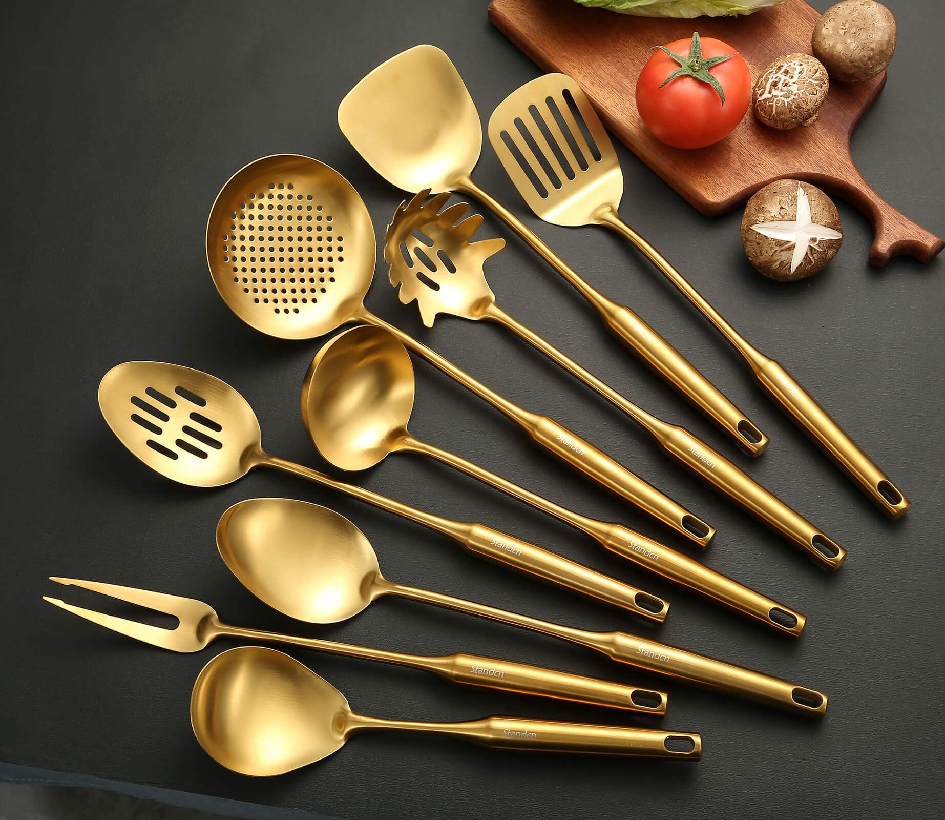 Gold Kitchen Utensils Set, Standcn 9 PCS 304 Stainless Steel All Metal Cooking Tools with Meat Fork, Solid Spoon, Slotted Spoon, Spatula, Ladle, Skimmer, Slotted Spatula, Spaghetti Server, Large Spoon