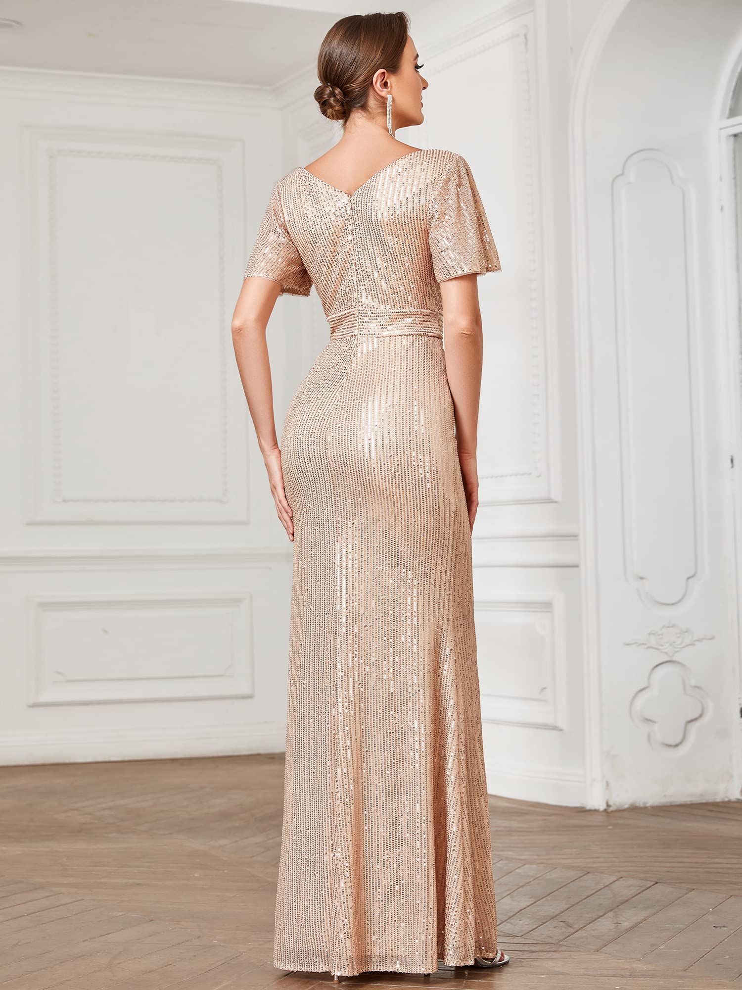 Ever-Pretty Women's Double V-Neck Short Sleeves Empire Waist Sequin Memaid Formal Dresses Rose Gold US4
