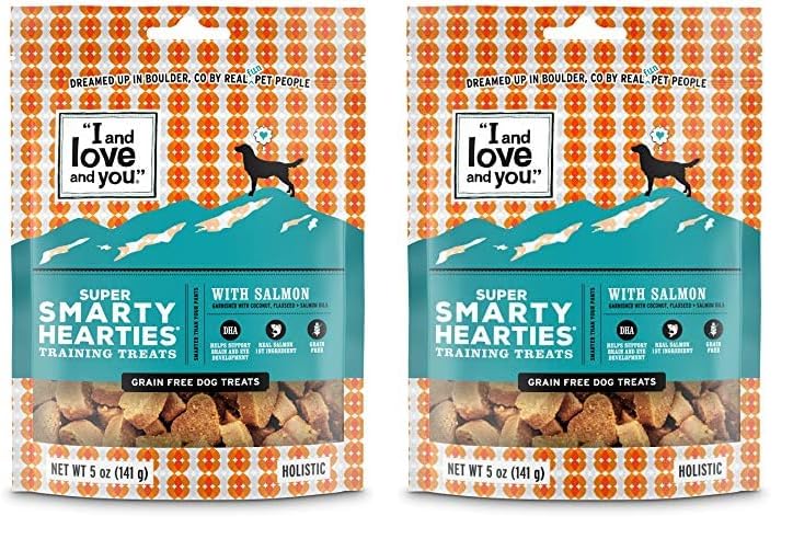 I AND LOVE AND YOU Super Smarty Hearties - Salmon - Grain Free, DHA for Brain and Eye Support, Training Treat, Filler Free, 5oz (Pack of 2)