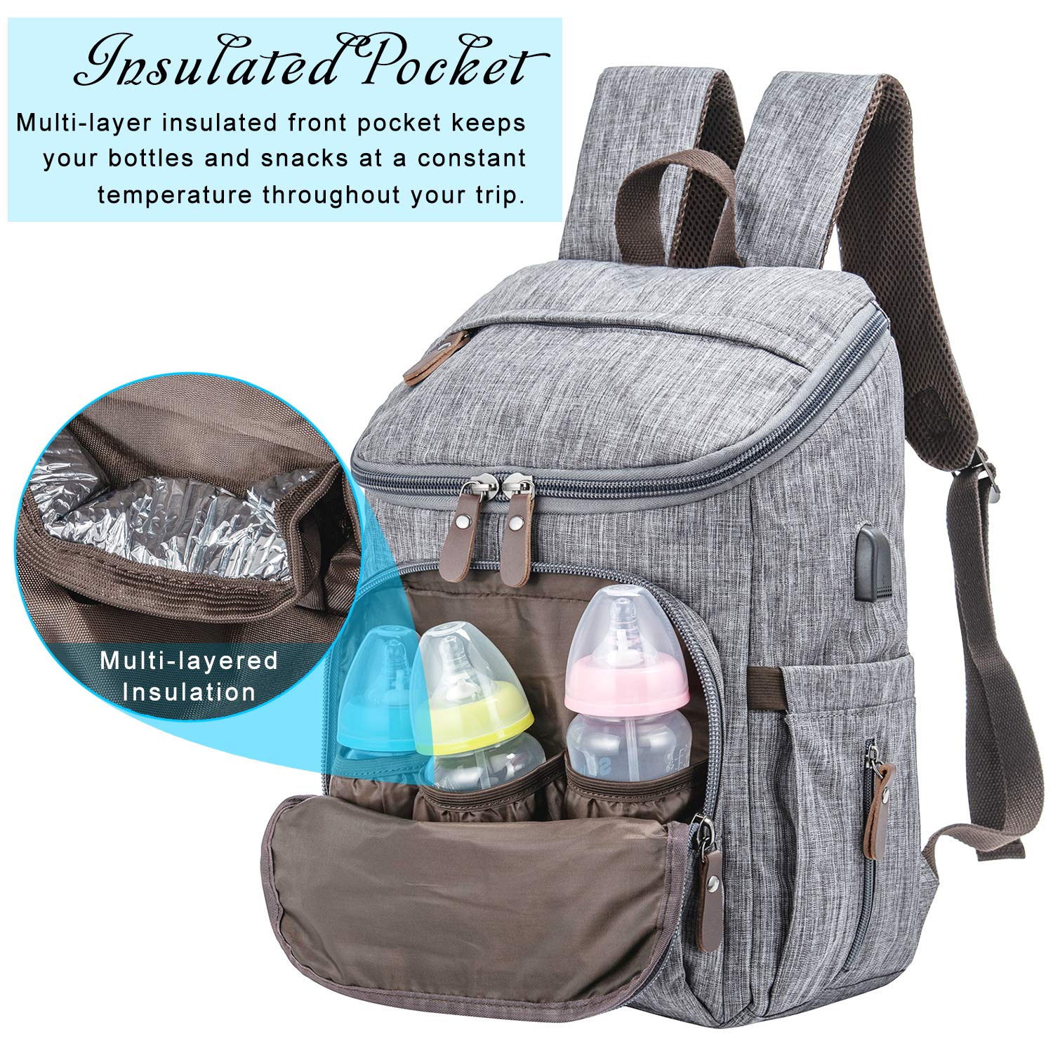 Diaper Bag Backpack, Large Unisex Baby Bags with Insulated Pockets & Changing Pad, Multi-Function Travel Back Pack Maternity Changing Bags (Grey)