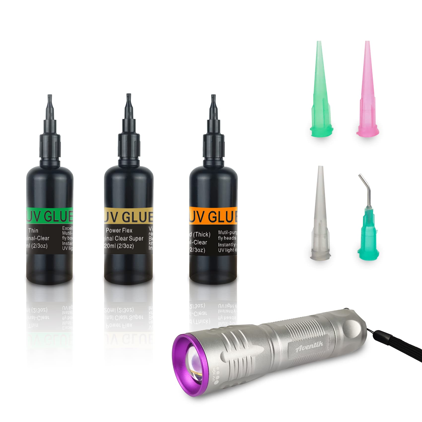 Eupheng Fly Tying UV Glue Three Formula Each 0.7oz Thick,Thin and Super Flex Fly Head Cement with 10W 395nm UV Power Light Fly Tying for Building Flies Fly Tying Materials Kit