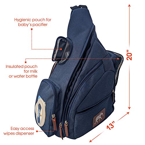 Diaper Bag, Shoulder Sling Backpack, Crossbody, Small to Medium, Unisex, Navy, with changing pad/mat, wipes dispenser and insulated milk bottle compartment