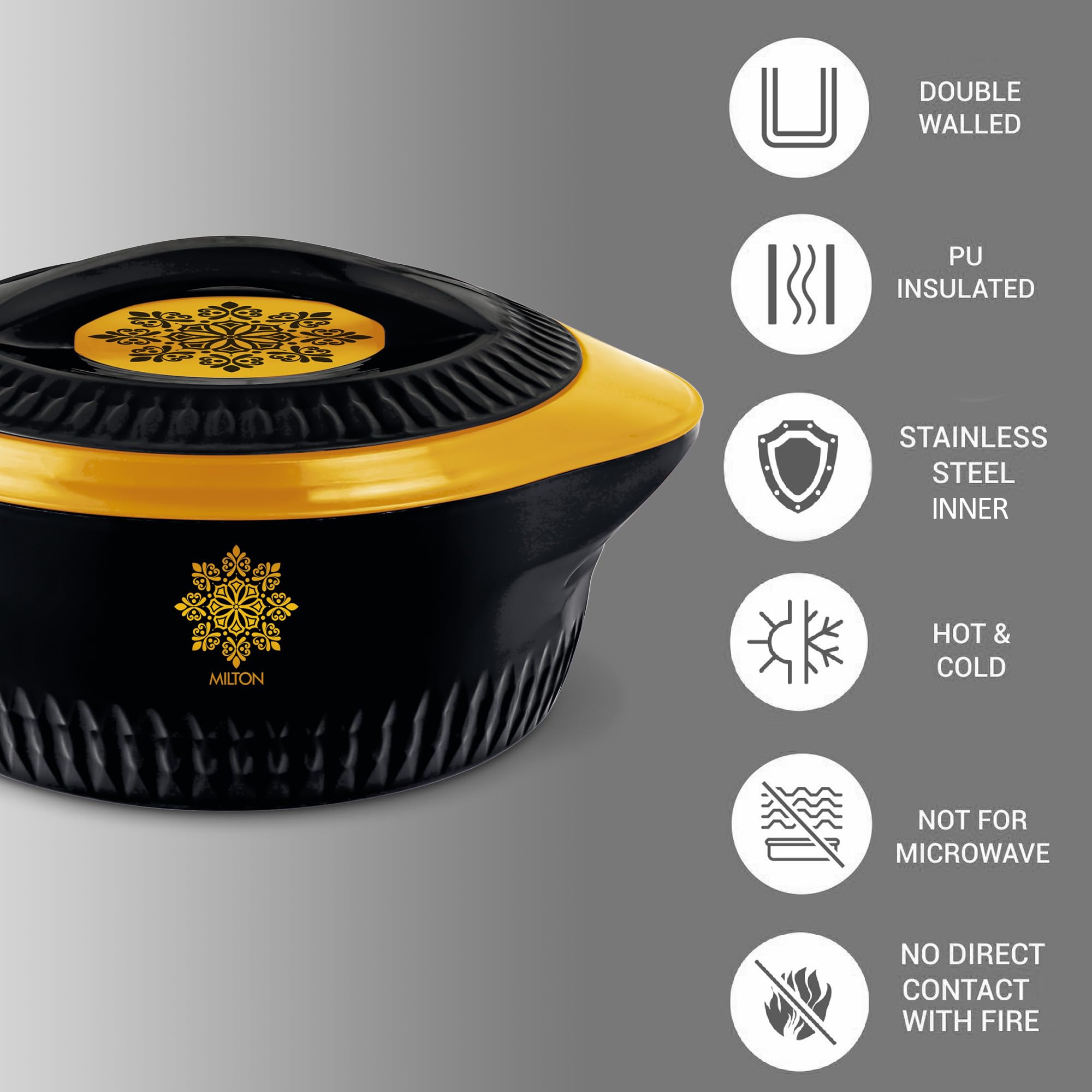 MILTON Royal 2500 Insulated Inner Stainless Steel Casserole, 2.05 Litres, Black Gold | BPA Free | Food Grade | Hot & Cold