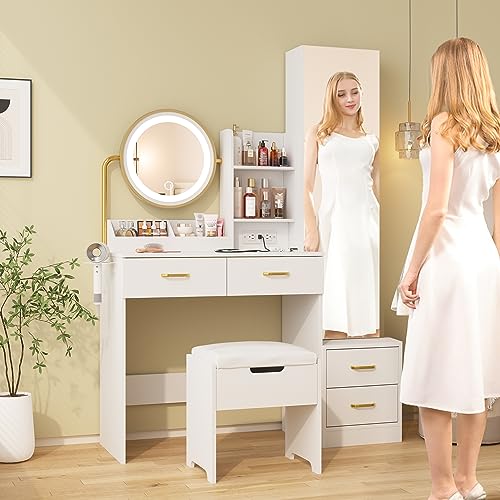 White Vanity Desk with Mirror and Lights & Full Length Mirror, Vanity Mirror with Lights Desk and Chair & Charging Station, 4 Drawers and Lots Storage Shelves