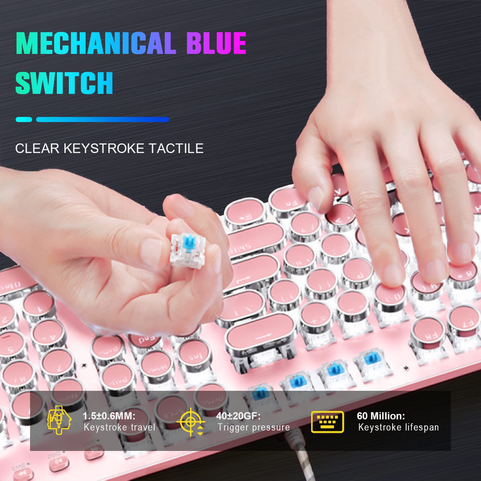FELiCON Typewriter Pink Mechanical Gaming Keyboard and Mouse Combo White Light Retro Punk Round Keycaps Keyboard with 104 Keys Anti-Ghosting Blue Switch RGB Backlit Mouse Mice Pad for Office Work