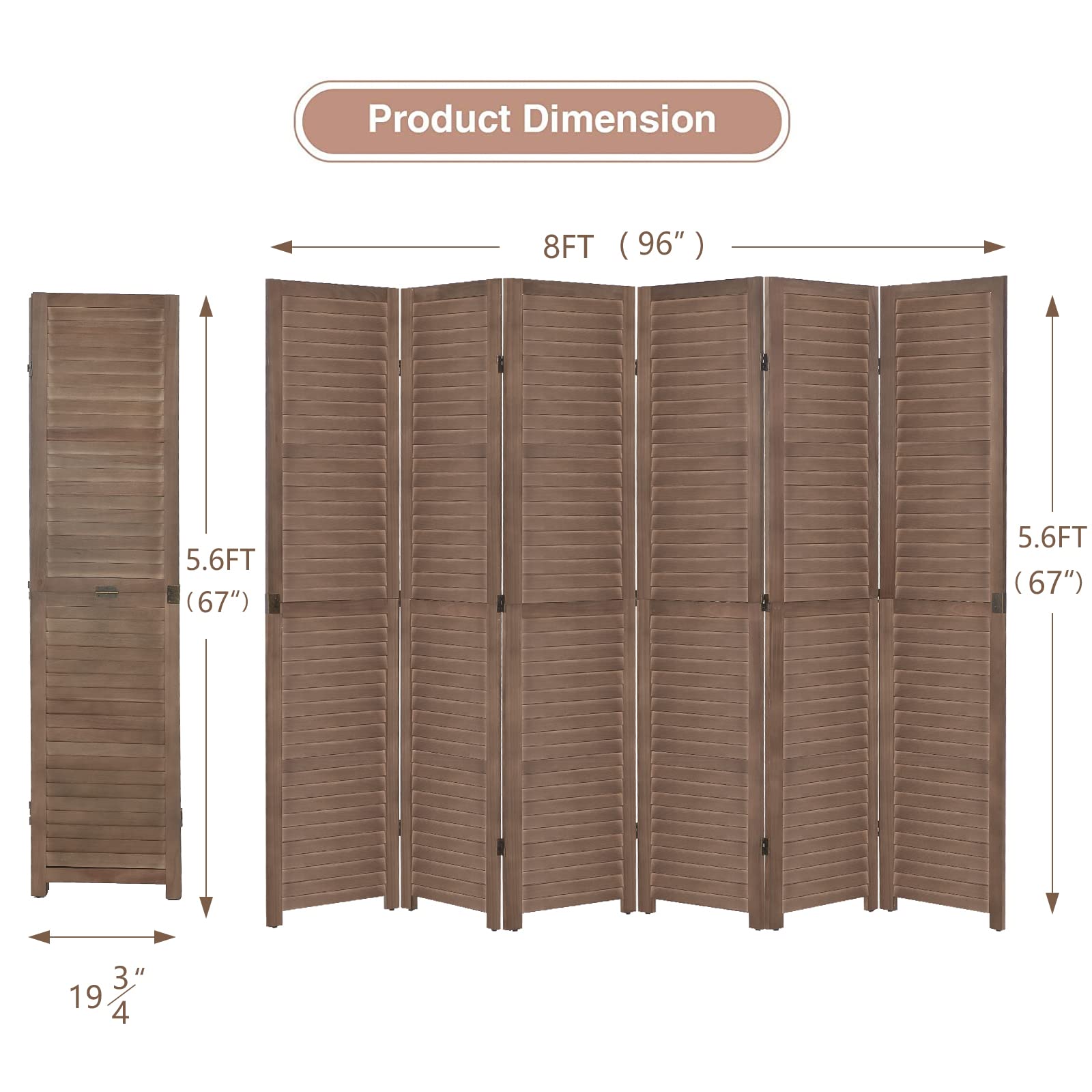 Esright 6 Panel Wood Room Divider, 5.6 Ft Tall Folding Privacy Screen Room Divider, Freestanding Partition Wall Dividers for Office,Bedroom, Brown