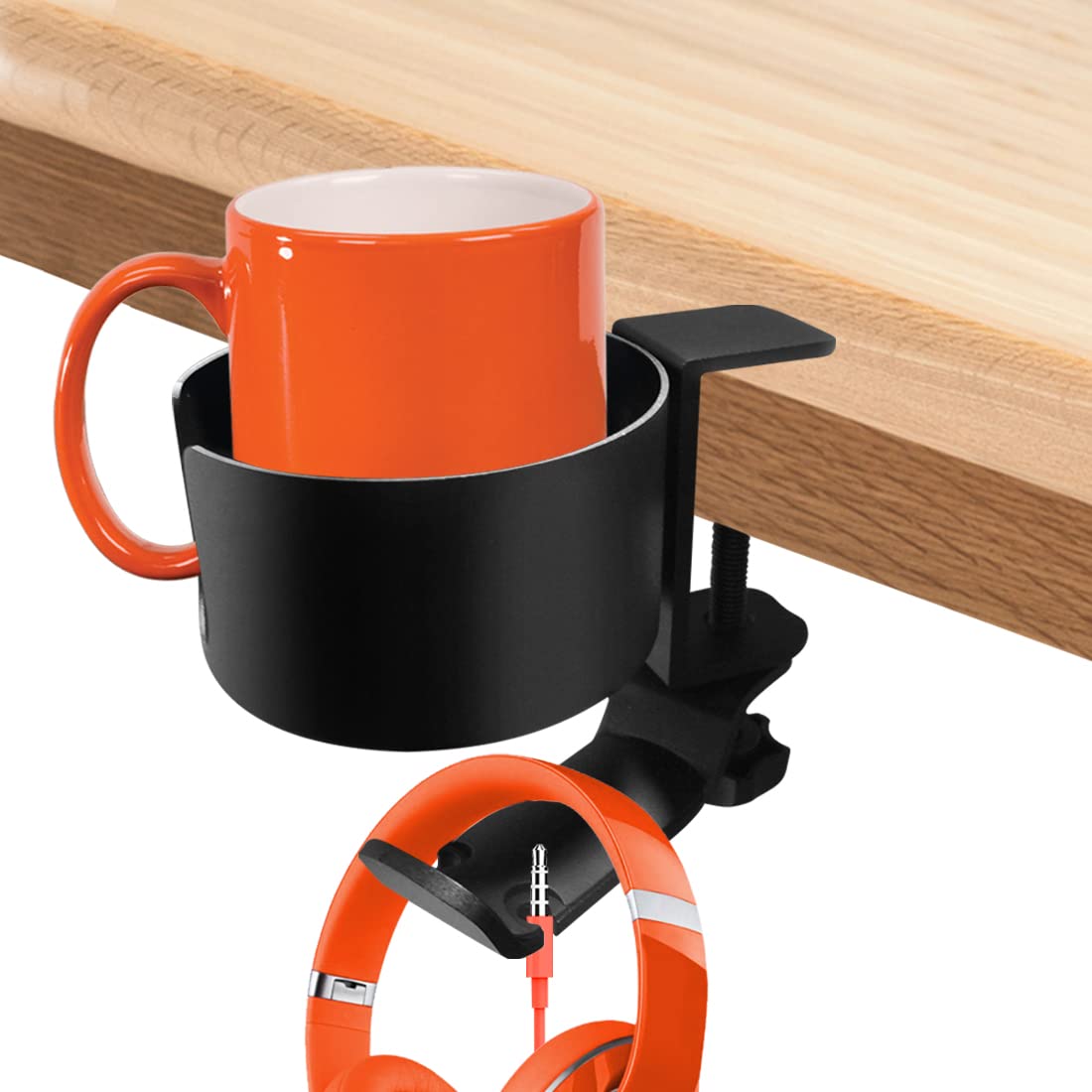 Desk Cup Holder, Sturdy 2-in-1 Anti-Spill Cup Holder for Desk or Table with 360° Rotatable Headphone Hanger, Durable Table Cup Holder with Cable Organizer,Holding Coffee Mups,Water Bottles,Headphones