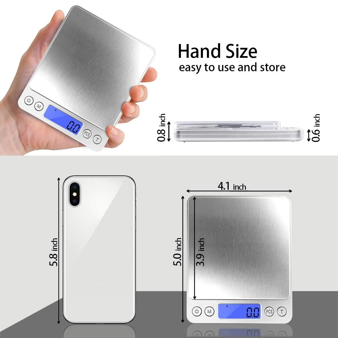 Digital Kitchen Scale 2000g x 0.1g Jewelry Cooking Food Scale Stainless Steel (Batteries Included) with 2 Clear Expanding Trays