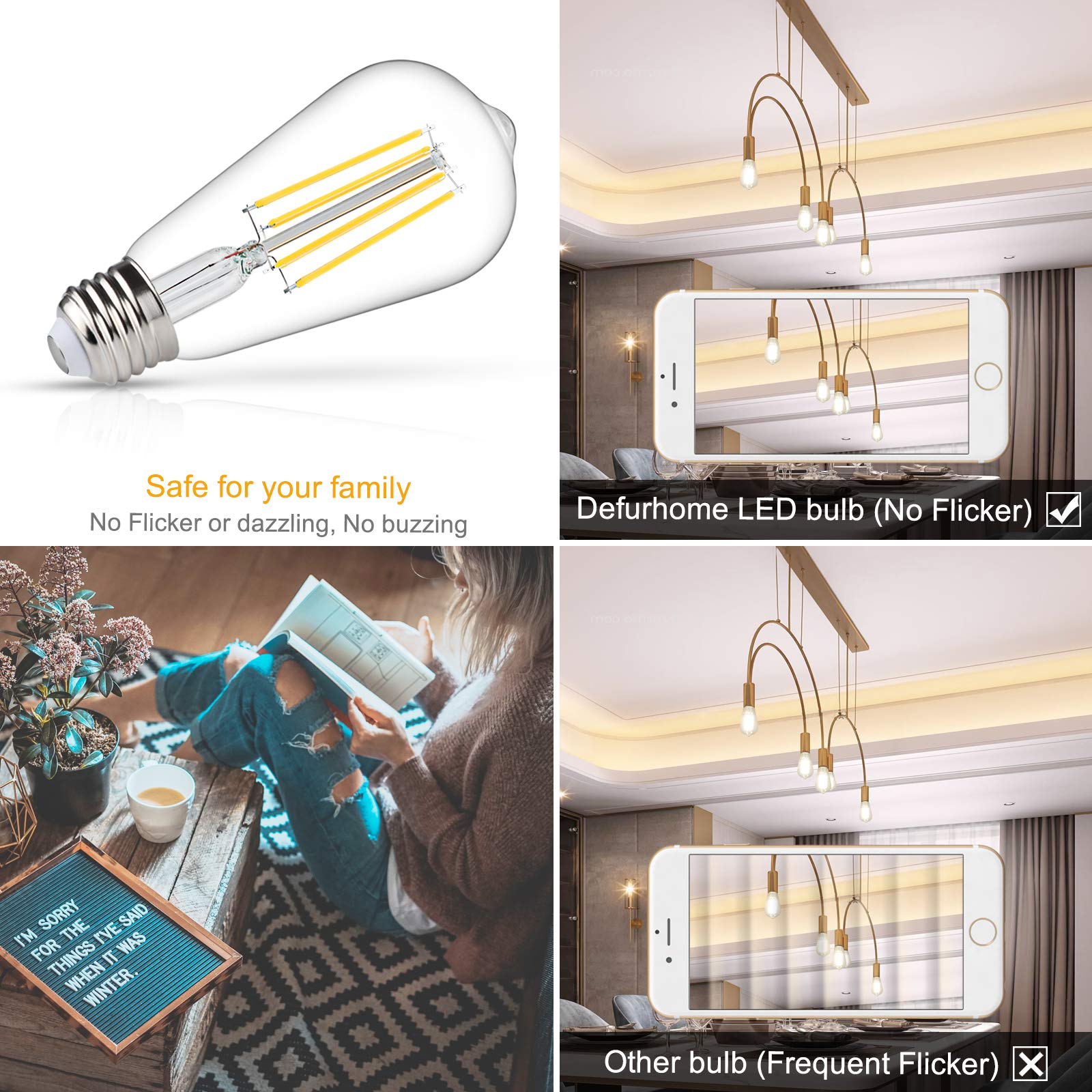 Defurhome LED Edison Bulbs, 60W Equivalent, 700Lumens, Daylight White 4000K, 6W ST58 LED Filament Light Bulbs with 80+ CRI, Antique Style Lighting, E26 Medium Base, Non Dimmable - Pack of 5