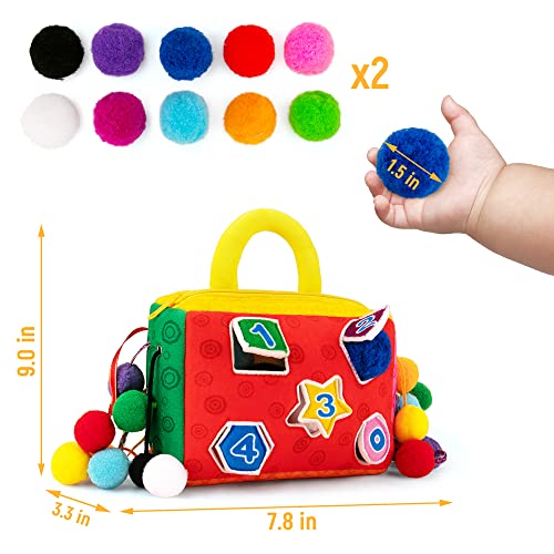 Educational 1 Year Old Activity Pull String Baby Preschool Sensory Toys for Learning Fine Motor Skills Shape Sorter Montessori Toys for Babies 6-12 Months-8 Ropes&2-Sided Bag&20 Cotton Water Balls