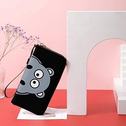 FunnyStar Grey Hippo Women's Long RFID Hand Wallet Wristlet Clutch Purse PU Leather Handbag with Wrist Strap