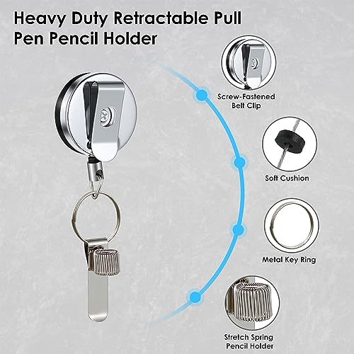 Landhoow 2 Pcs Retractable Pull Pen Pencil Holder, 27.5'' Retractable Pen Holder for Carpenters, Workers, Nurses, Waiter, Universal Pen Lanyard Retractable with Belt Clip and Key Ring (Patent Pending)