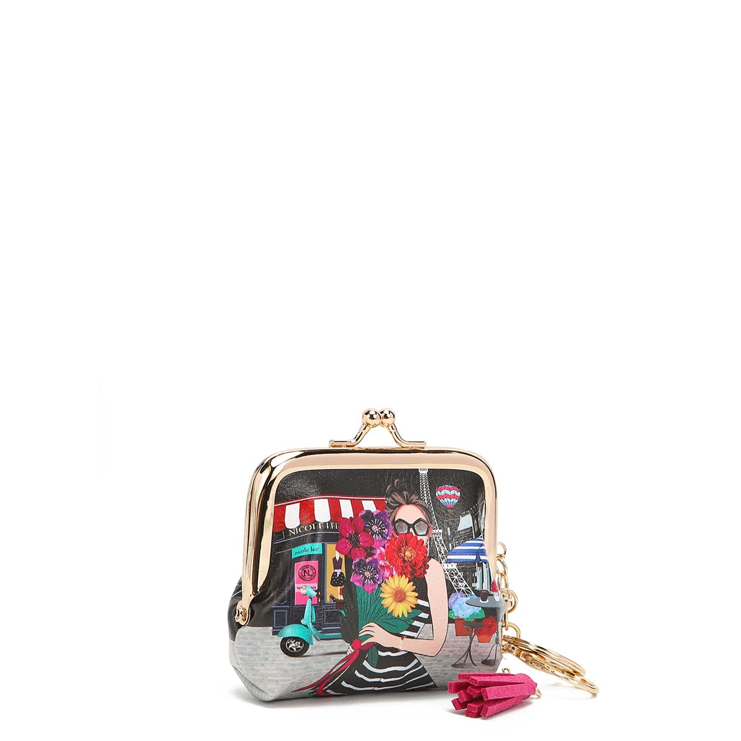 DESTINY BY NICOLE LEE Mini Leather Coin Purse Keychain Kiss Lock Closure with Tassel Charm Change Purse Mini Pouch Bag For Women