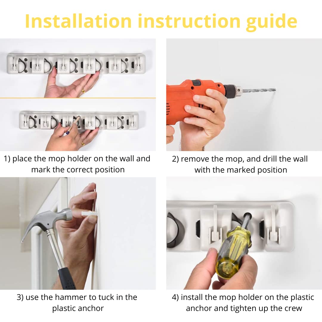 Mop and Broom Holder, Wall Mounted Organizer, Garage Storage Rack & Garden Tool Organizer, 5 Slots with 6 Hooks Kitchen, Garage and Laundry
