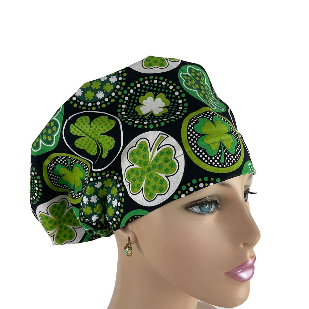 European Style No Ribbon –Saint Patrick’s Clovers and Dots, Turn Up Ponytail Medical Scrub Cap, Scrub Hat for Women & Men tie Back | Working Cap with Holder. Nurses Hats | Dr. Hats