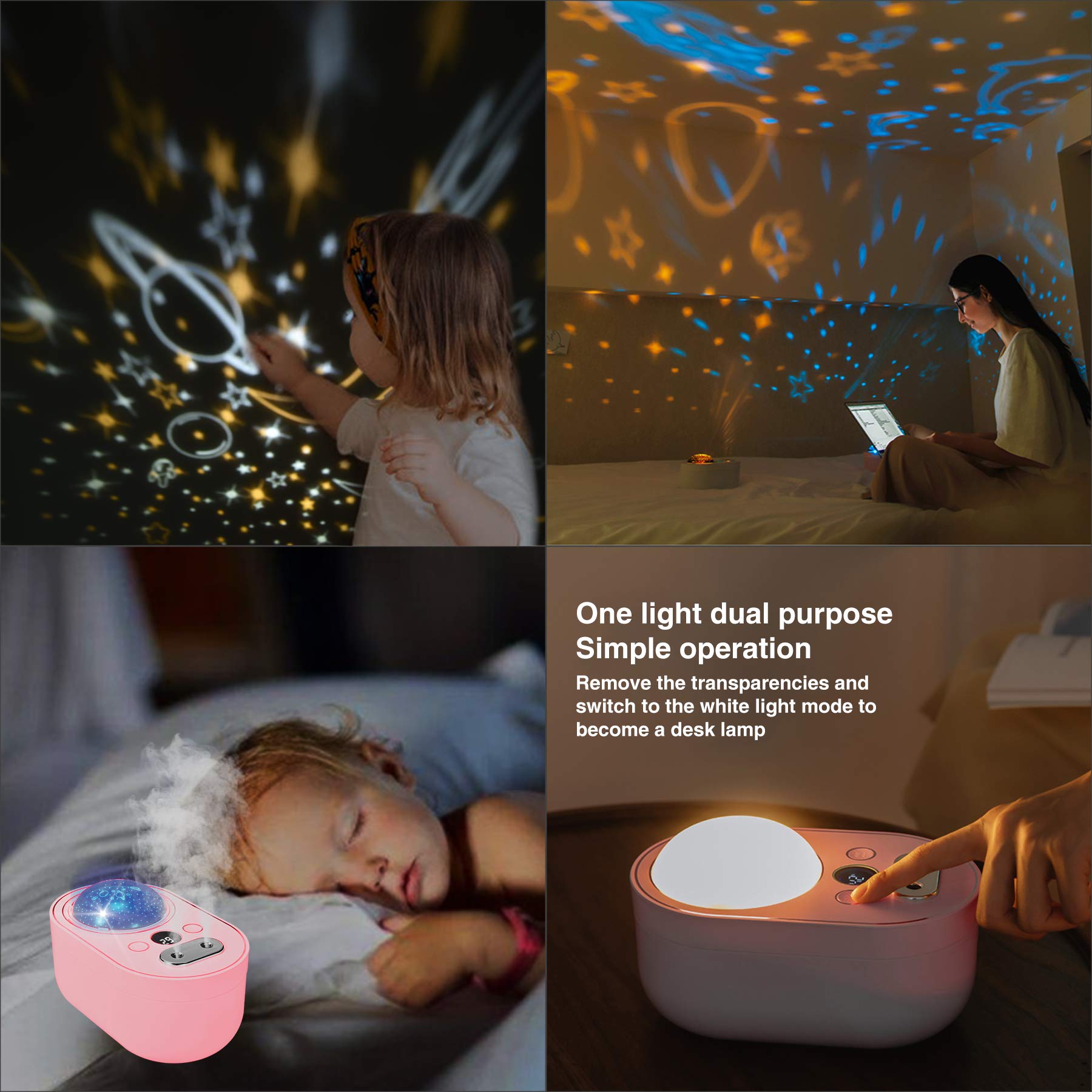 Cool Mist Humidifier With Star Night Light Projector for Kids Room, Ultrasonic Humidifiers for Bedroom, 1L Mini Humidifier with Dual Mists for Kids, Babies, Home, Office, Automatic Shut-Off