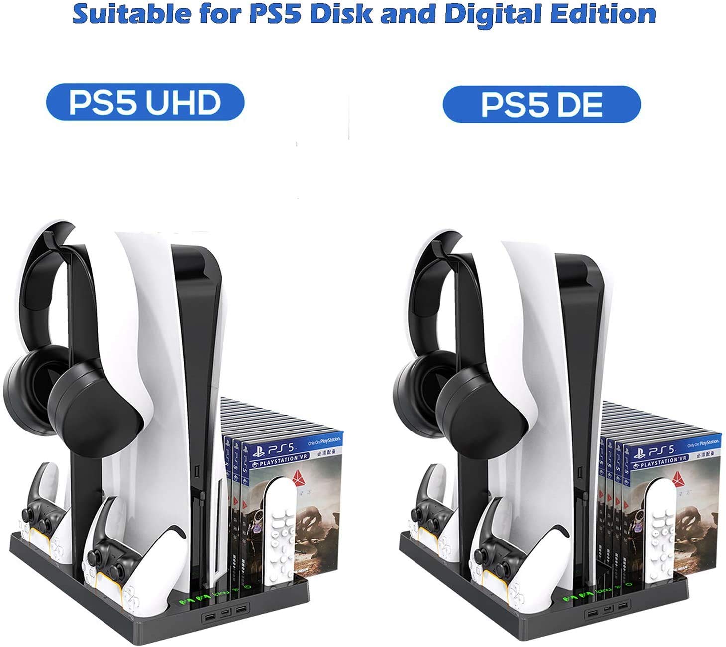 DeHasion Mulfunction PS5 Cooling Stand with Ps5 Controller Charger Docks/Vertical Cooler System/Headset Holder/15-Slot Disc Stoarge for PS5 DE and UHD Edition