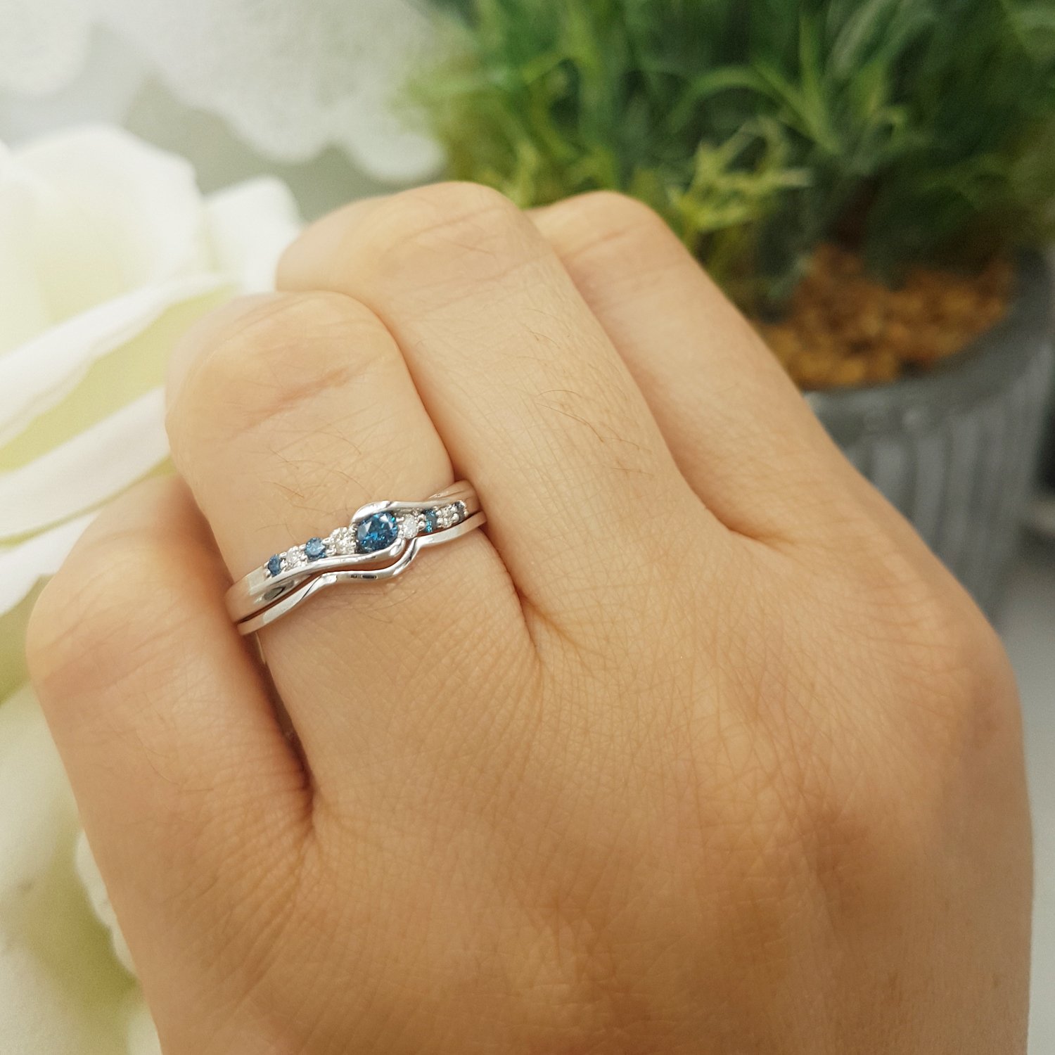 Dazzlingrock Collection 0.25 Carat (Ctw) 10k Round Blue & White Diamond Women Bridal Promise Engagement Wedding Set Ring with Matching Band in White Gold, Size 7