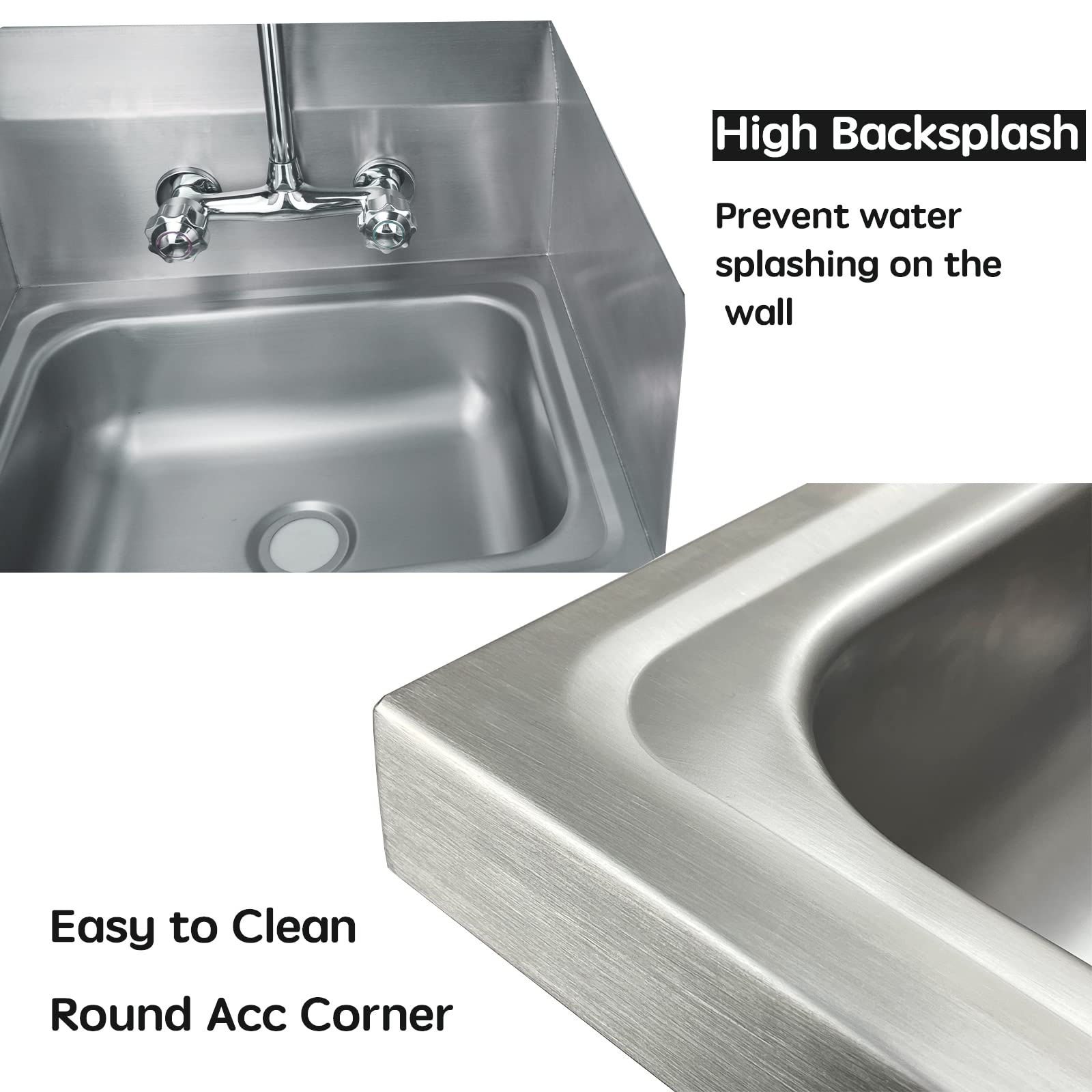 ERUPTA 304# Stainless steel with splash-proof baffle basin Commercial Wall Mount Hand Sink 17'' x 15'' for Public places, restaurants, schools, kitchens and homes