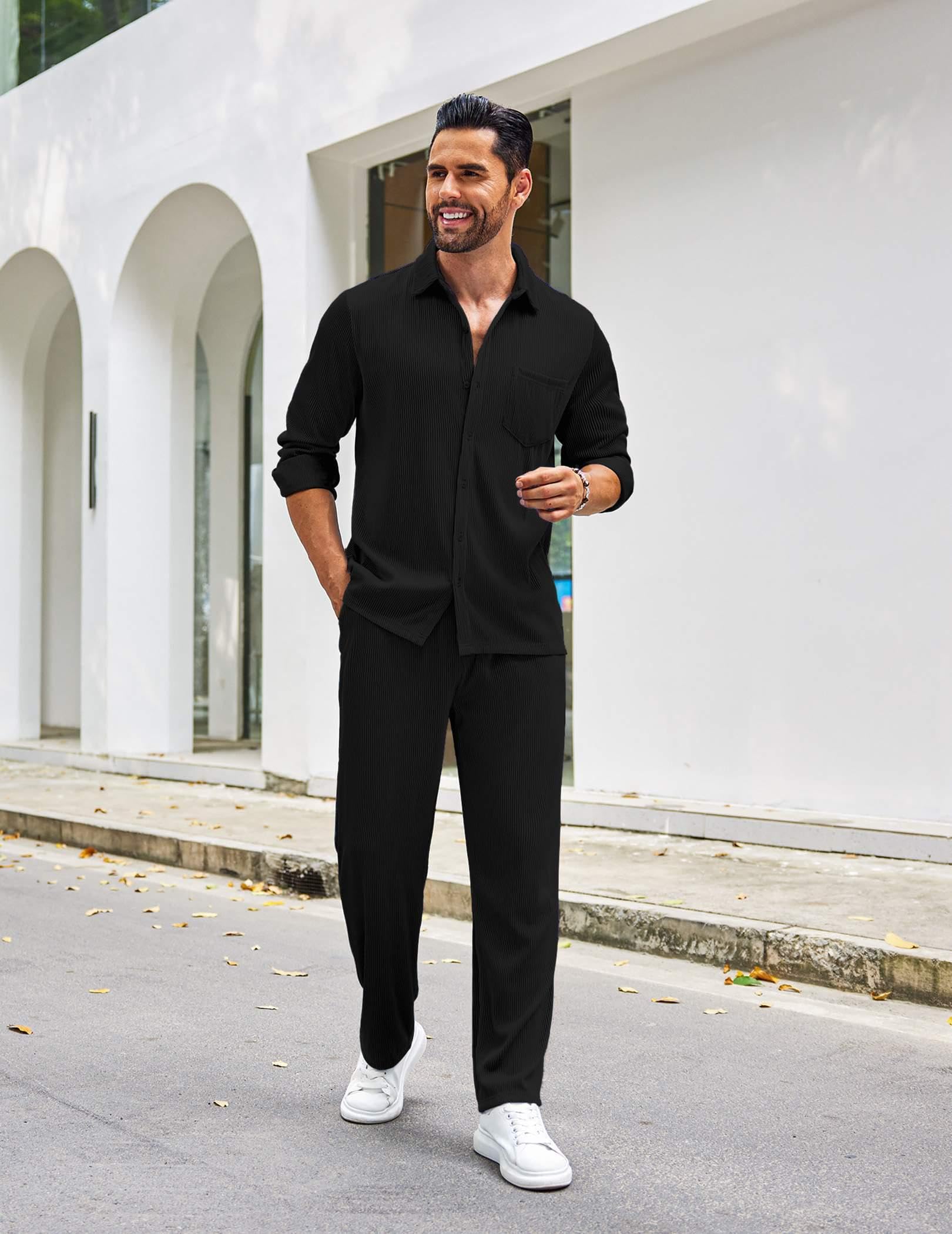 COOFANDY 2 Piece Set Long Sleeve Button Down Shirt and Pants Set Casual Loose Trousers Walking Suit for Men
