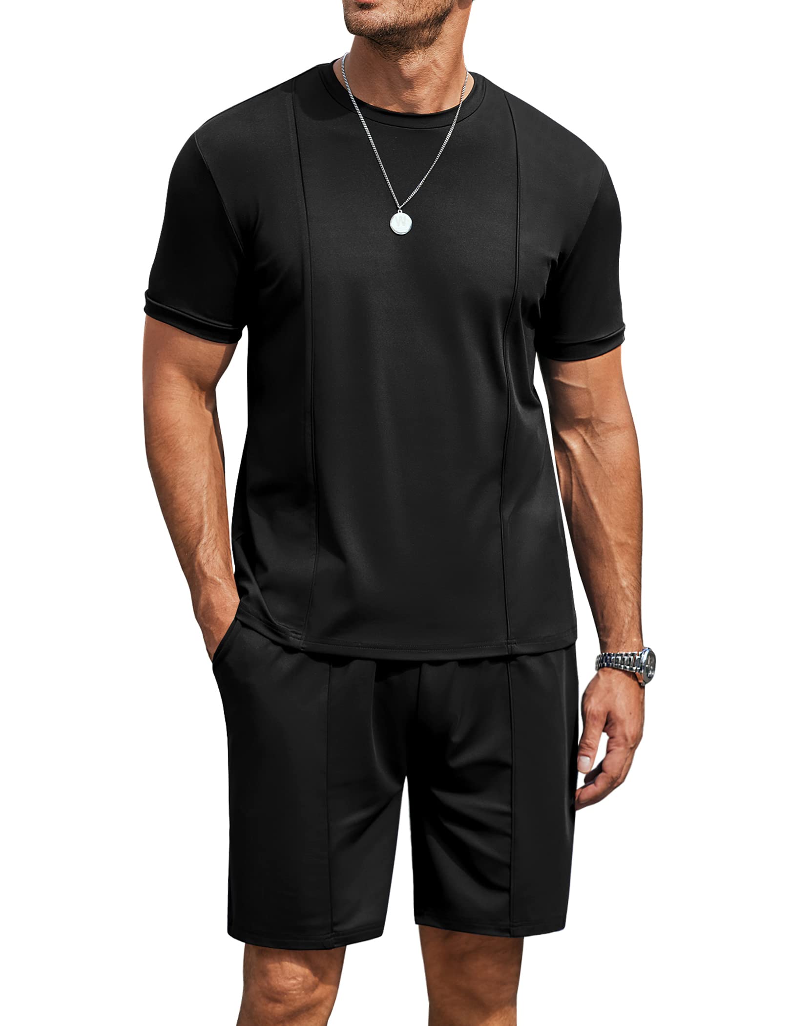 COOFANDY Men's Short Sets 2 Piece Outfits Fashion Summer Tracksuits Casual Sports Crew Neck T-Shirt Drawstring Shorts Set