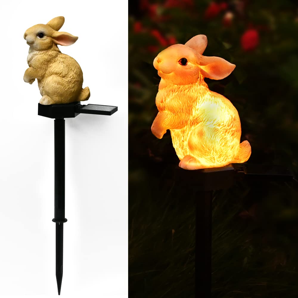 Juliahestia Rabbit Garden Ornaments Bunny Decor Solar Outdoor Statue Animal Lawn Yard Decorations Outside Stake Waterproof Patio Cute Brown Hare Figurines Light Gifts