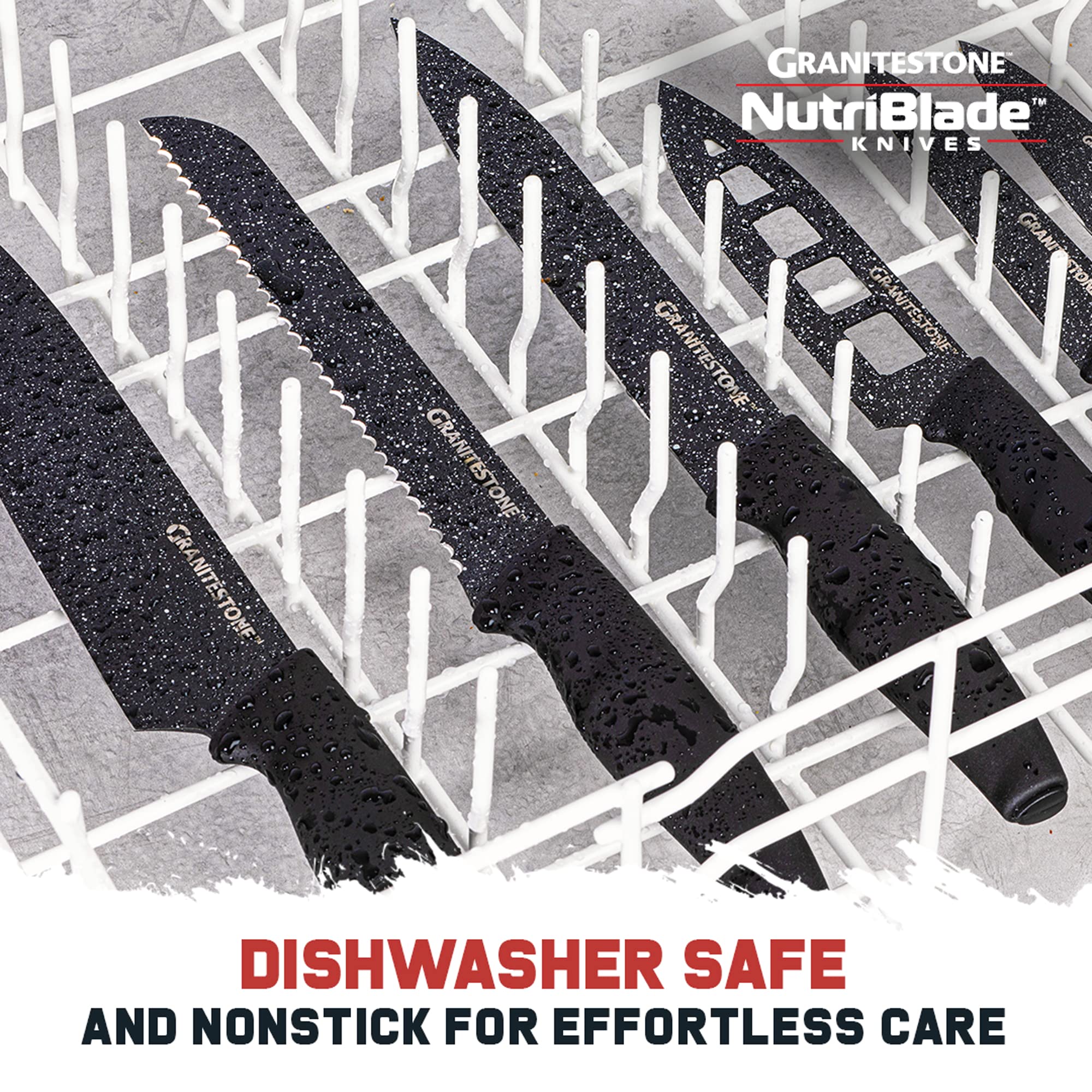 Nutriblade Knife Set with Block by Granitestone 6-Piece Professional Kitchen Chef’s Knives Ultra Sharp Stainless Steel Blades and Nonstick Granite Coating, Easy-Grip and Dishwasher-safe, Black