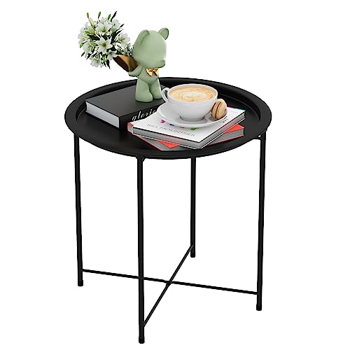 FSTAR Small Round Side End Table, Small Round Nightstand, Portable Folding Metal Accent Table Next to Couches/Sofas, or Against a Wall (Black, 1PCS)