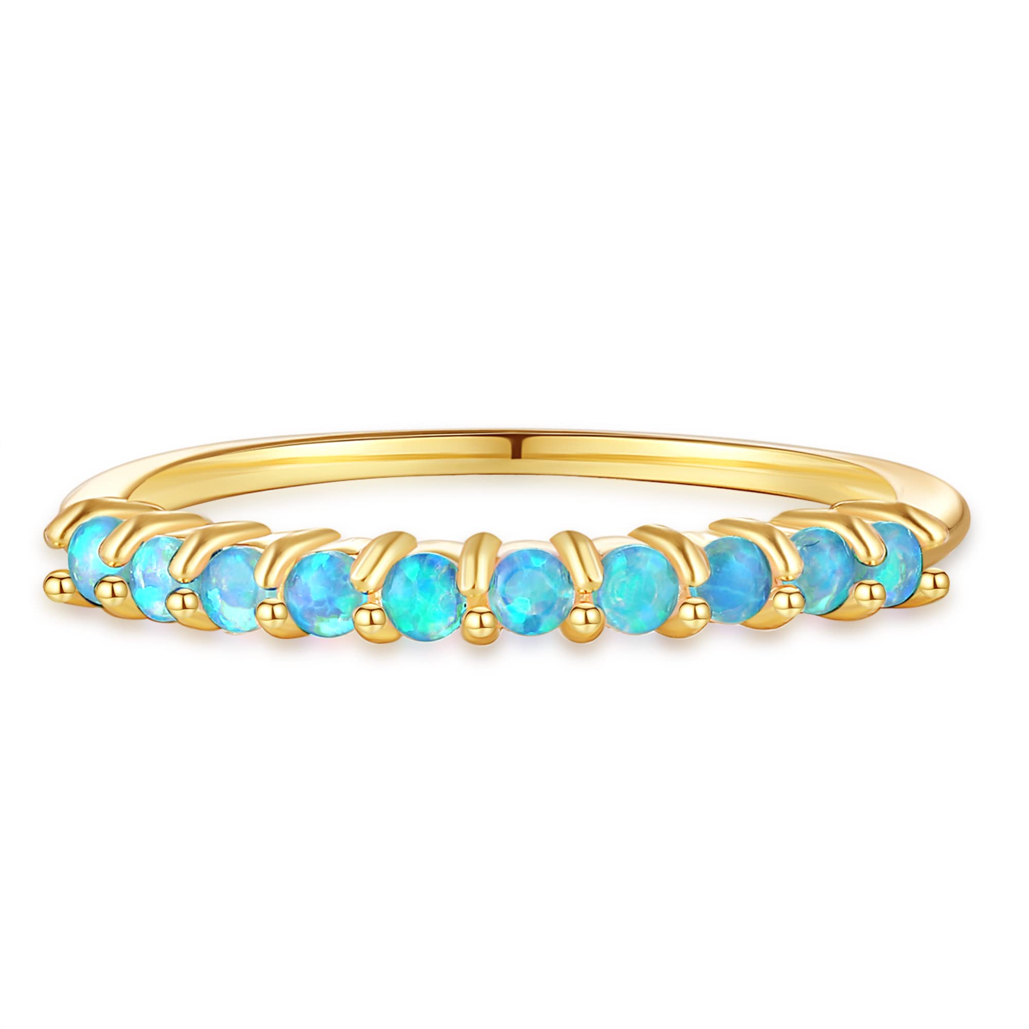 espere Turquoise Blue Opal Ring | Dainty Half Eternity Band with Simulated Opal Gemstones | Minimalist Jewelry Gift for Her [Size 8]