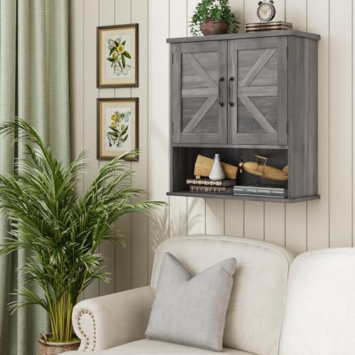 Mino Kesper Bathroom Wall Cabinet with Barn Doors, Wall Mounted Bathroom Storage Cabinet, Farmhouse Style, Adjustable Shelf, Wall Mounted, Grey