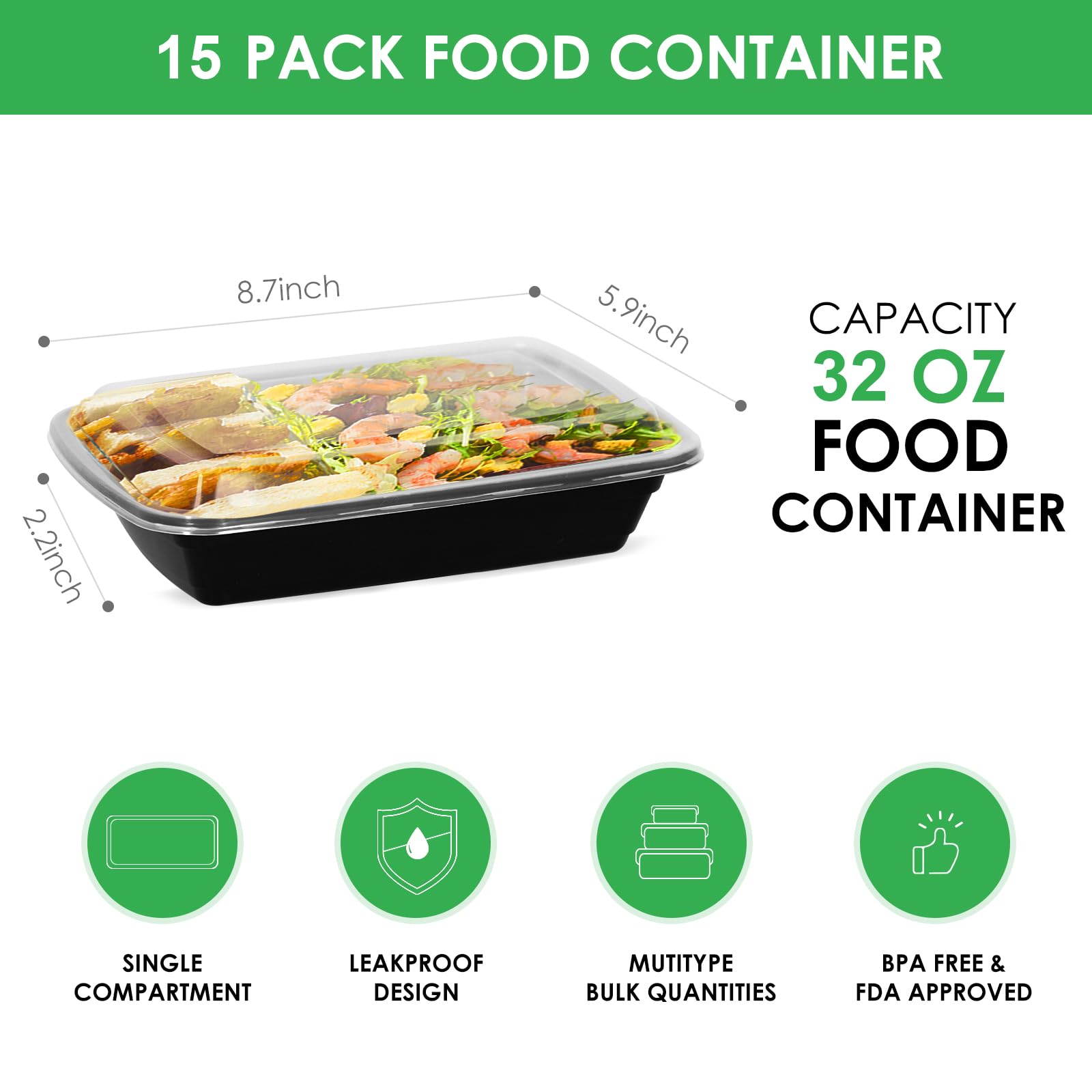 DIBOLASC Meal Prep Containers, 32oz Extra-thick Food Storage Containers with Lids, Reusable Plastic Bento Lunch Box, Disposable Bento Box, BPA Free, Microwave/Dishwasher/Freezer Safe