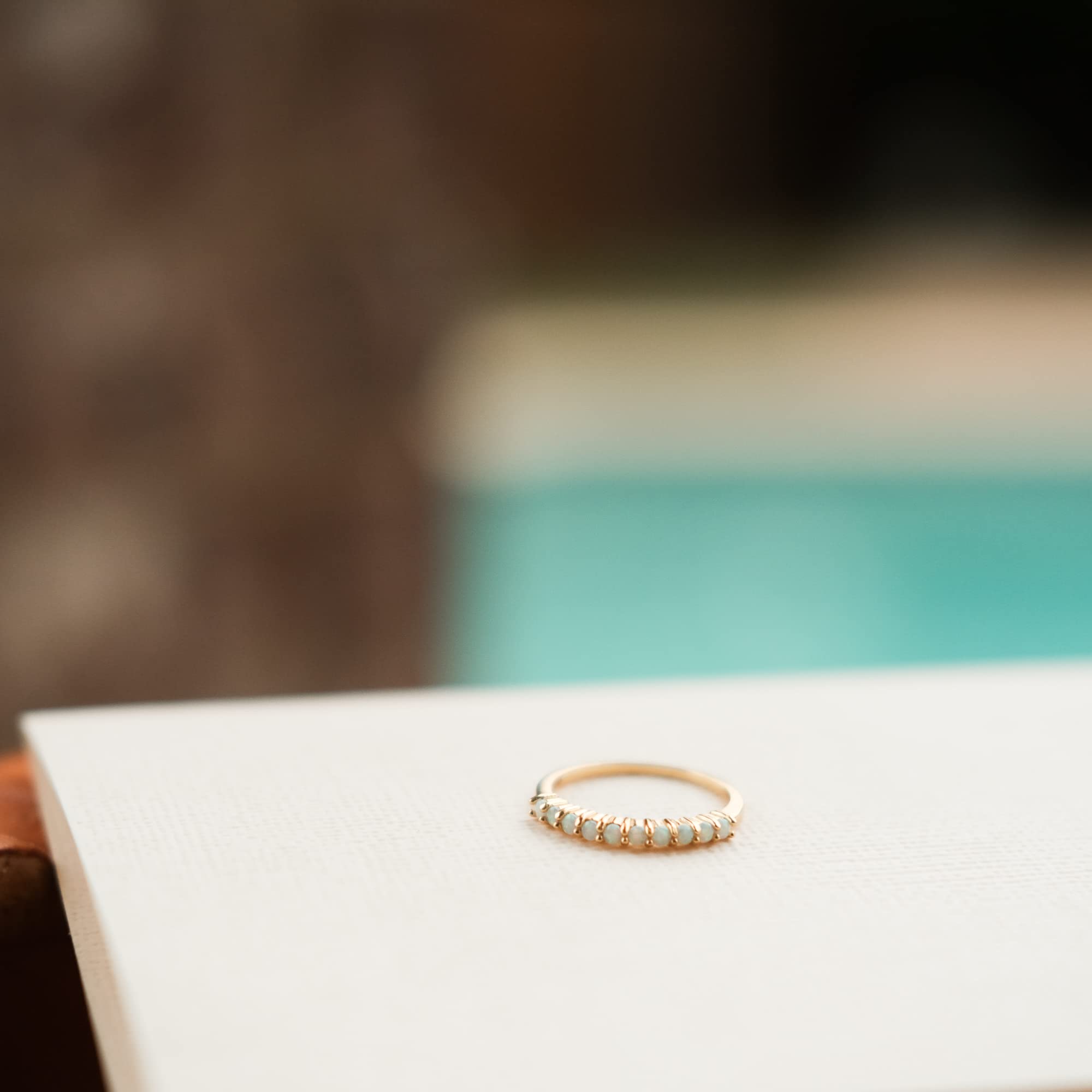espere White Opal Half Eternity Band Wedding Ring | 18K Gold Plated Sterling Silver Dainty Linear Opal Stacking Bands | Minimalist October Birthstone Jewelry Gift for Her [Size 5]