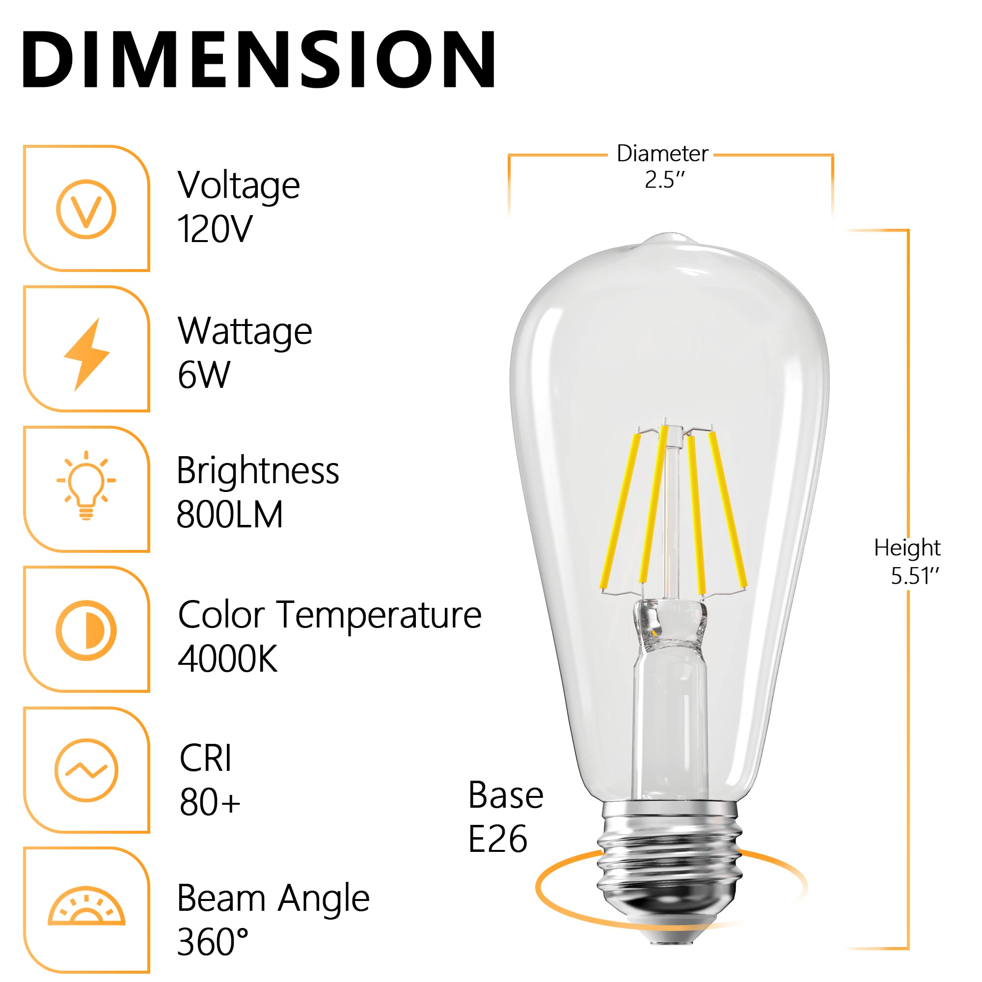 Espird Vintage LED Edison Bulbs, E26 Edison Light Bulbs 6W Equivalent 60W, Antique Filament Bulbs st64 Edison LED Bulb Bright White 4000k, Non-Dimmable, 4 Pack