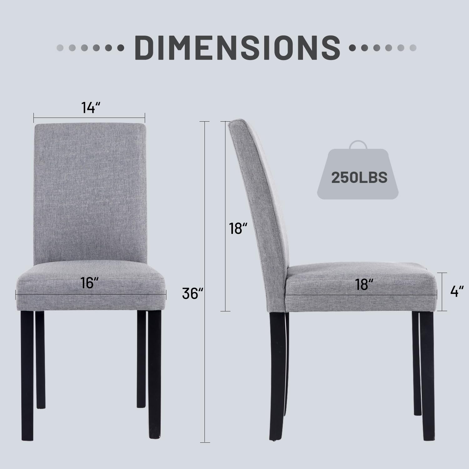 Dining Chairs Set of 4, Upholstered Fabric Side Chair Ergonomic High Back Armless with Wood Legs and Padded Seat for Home Kitchen Dining Room, Gray