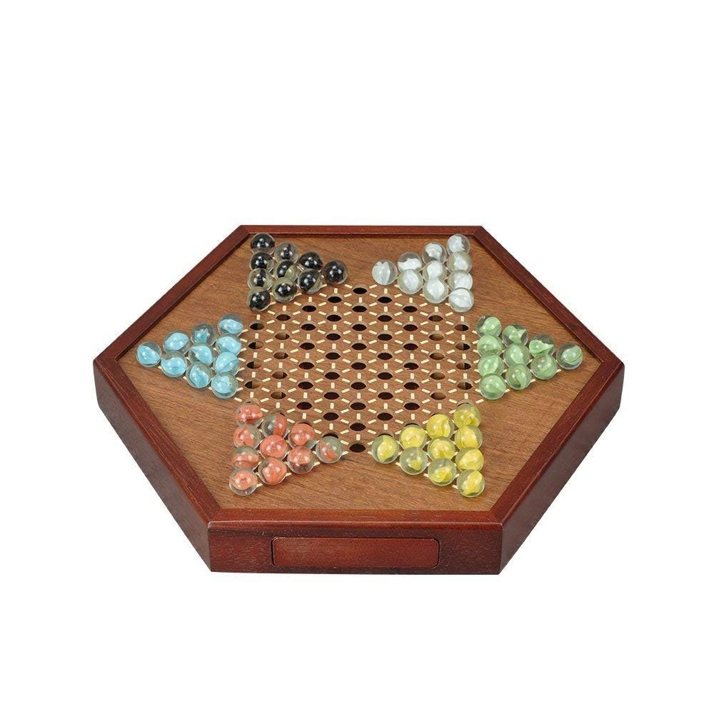 Younglingn 12.5" All Natural Wood Chinese Checkers with Storage Drawer and Glass Marbles Checkers Board Games for Family
