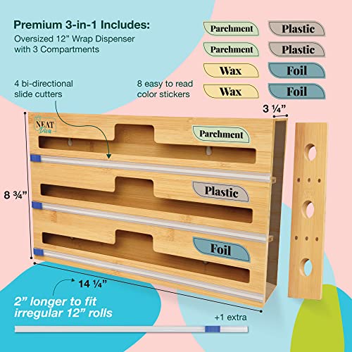 Neat Diva 12" Bamboo Foil Plastic Wrap Organizer Cutter, Plastic Wrap Dispenser Cutter, Tin Foil Organizer Drawer, Bamboo Aluminum Foil Dispenser Cutter, Kitchen Organizer Foil Plastic Wrap (3-in-1)