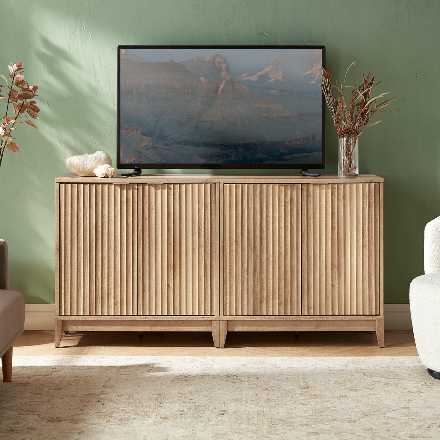 mopio Brooklyn Storage Cabinet, Modern Farmhouse Entryway Accent Cabinet, Buffet Sideboard, Credenza, Wood Modular Cabinet with Doors & Shelf, Fluted Panel, for Living Room (Oak, Single)