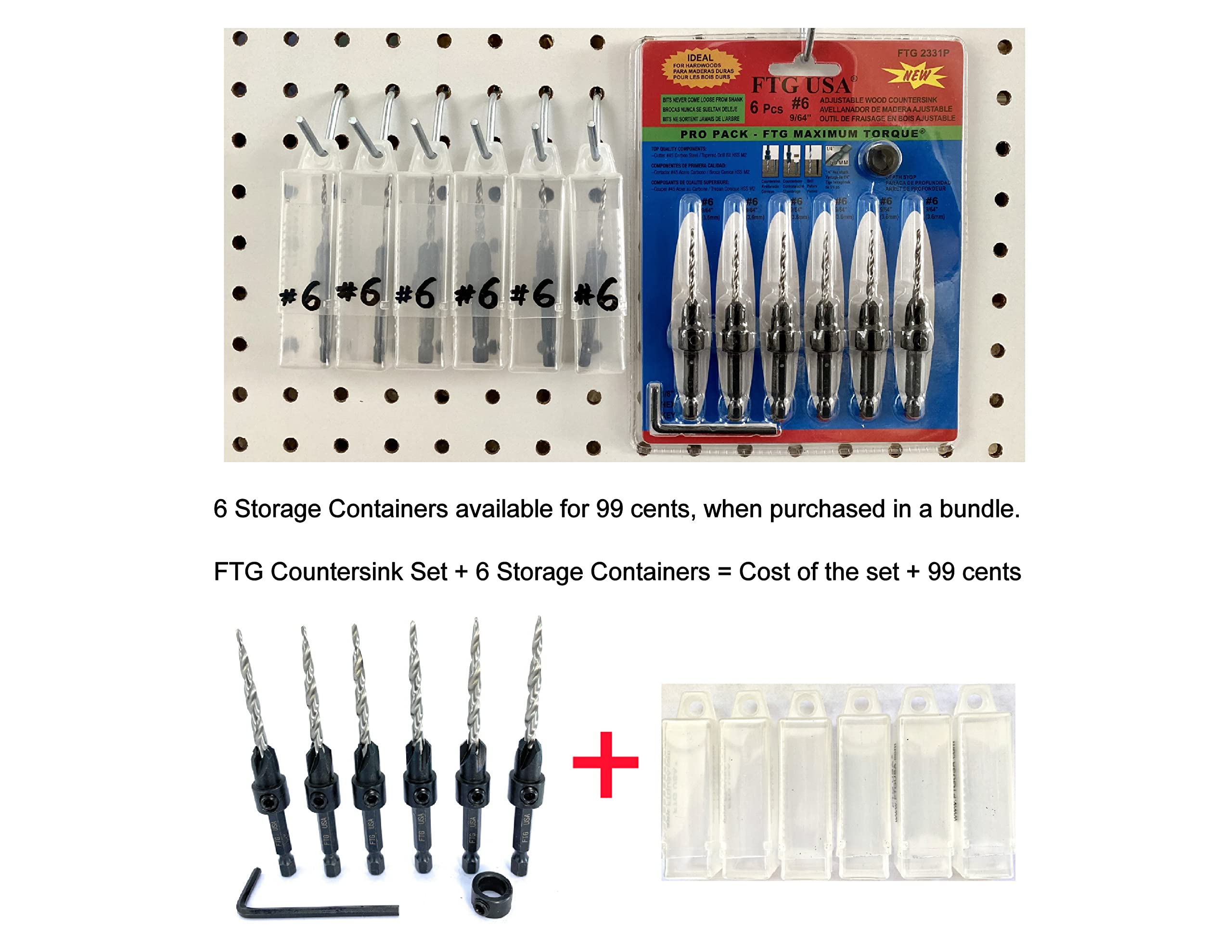 FTG USA Countersink Drill Bit Set 6 Pc #6 (9/64") Wood Countersink Drill Bit Pro Pack Countersink Set, with 3 Replacement Tapered Countersink Bit #6(9/64"), 1 Stop Collar, Hex Wrench