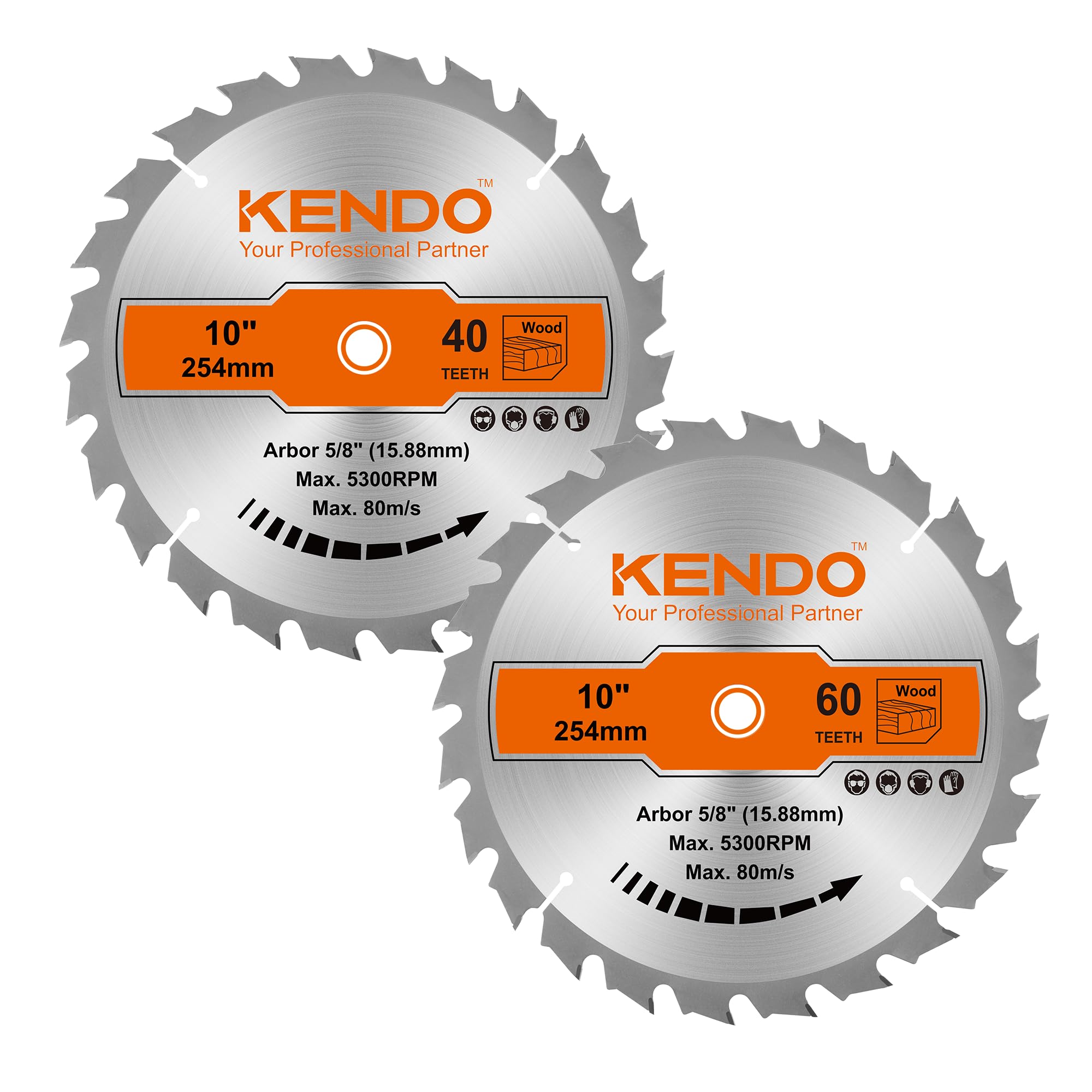 KENDO 2-Pack 10 Inch 40T&60T Carbide-Tipped Circular Saw Blade with 5/8 Inch Arbor, Professional ATB Finishing Woodworking Miter/Table Saw Blades for Plywood, Laminate, Ripping Wood