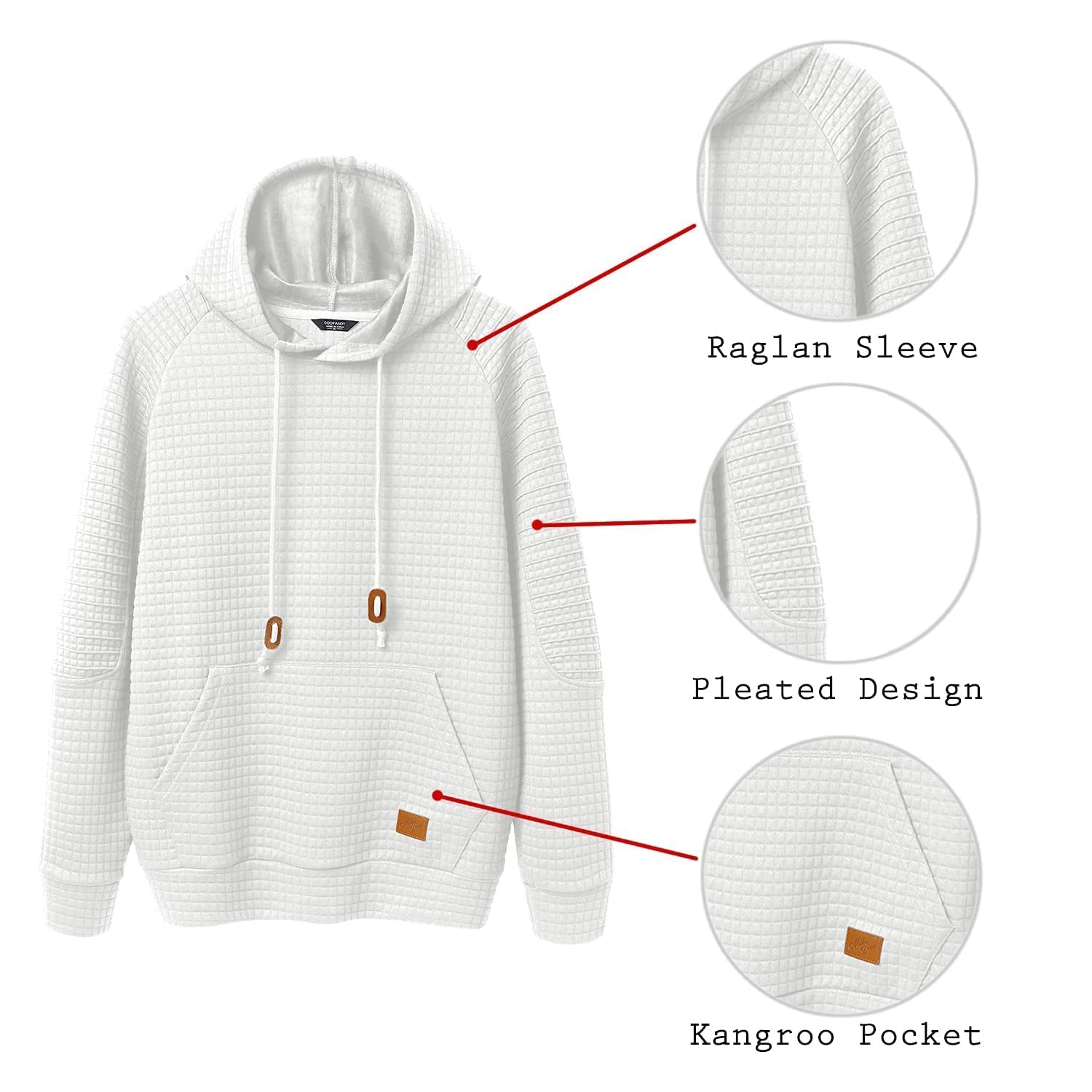 COOFANDY Men's Hoodies Pullover Pleated Long Sleeve Drawstring Knit Hooded Sweatshirt with Kanga Pocket, White, Large