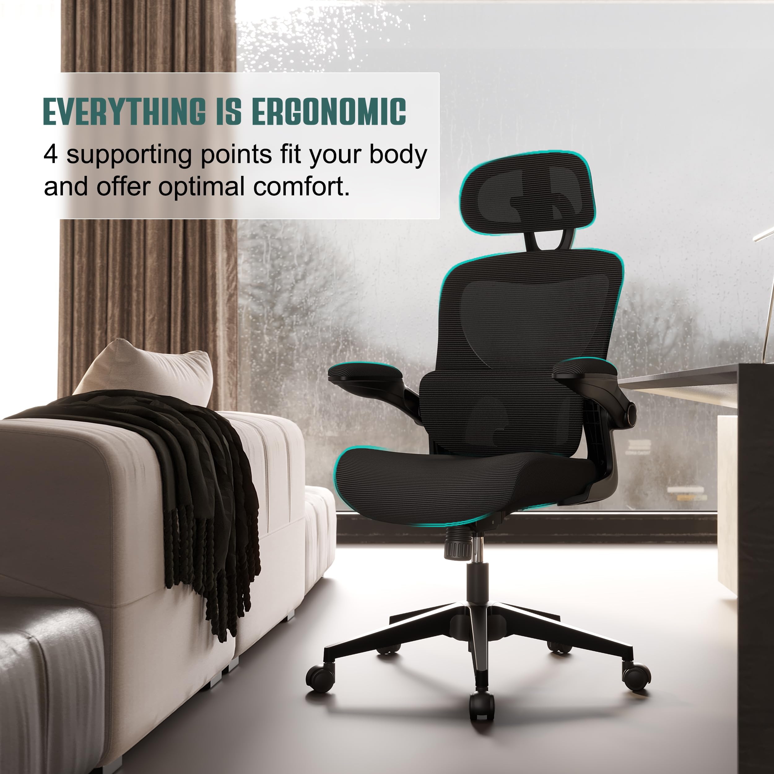 Ergonomic Office Desk Chair, High Back Mesh Chair with Flip-Up Arm, Headrest, Swivel Rolling Wheel, Adjustable Lumbar Support, Big and Tall Comfy Computer Gaming Task Chairs for Adults