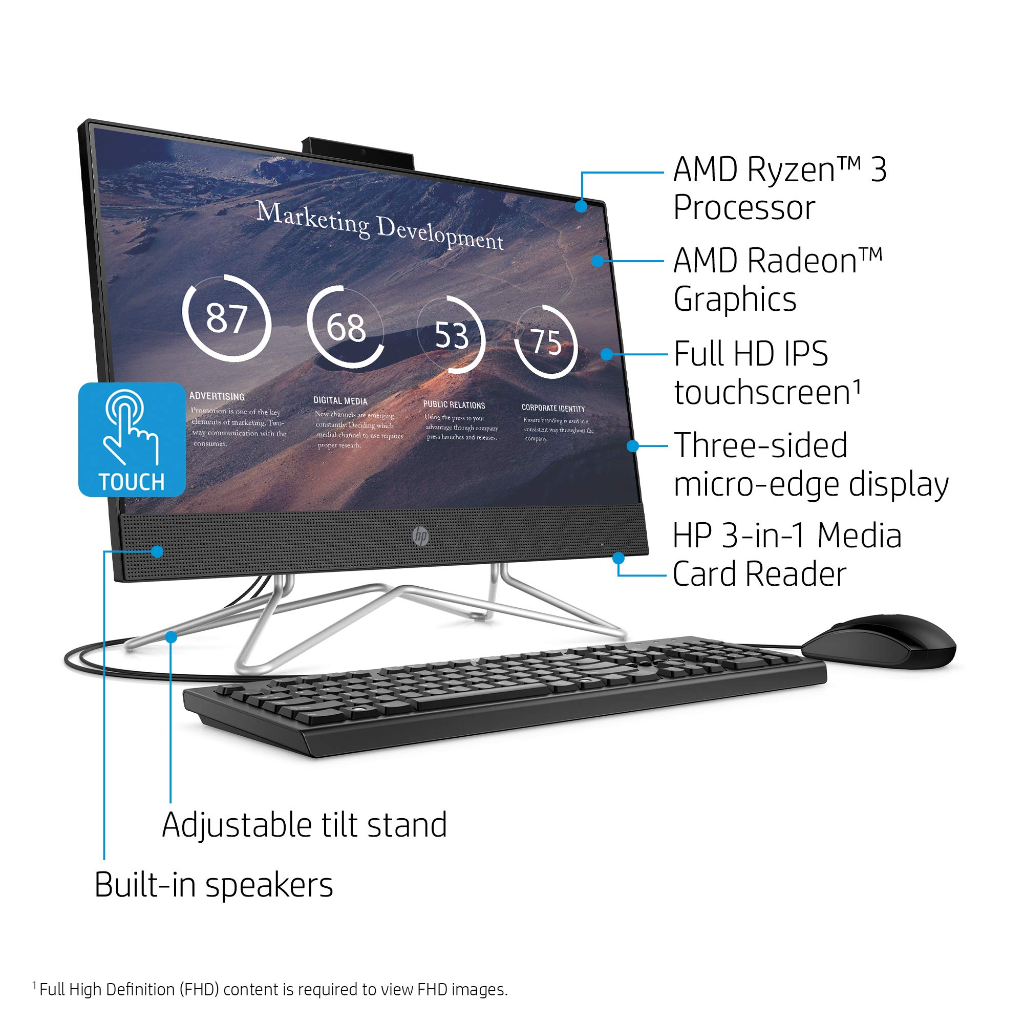 HP 22-inch All in One Desktop Computer, 21.5" FHD Touchscreen, AMD Ryzen 3 3250U Processor, 32GB Memory, 1TB SSD, Build-in Webcam, Wi-Fi, Bluetooth, Keyboard & Mouse, Windows 11 Home, Black