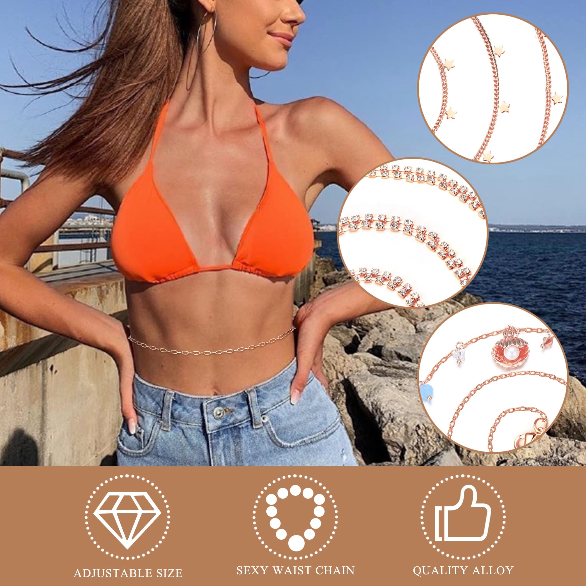 FINREZIO 6PCS Waist Chain for Women Belly Chain Butterfly Sequins Shell Charm Sexy Bikini Beads Waist Chains Set Adjustable