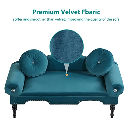 GNIXUU 54” Modern Small Loveseat Sofa, Mid Century Love Seat Couch Settee Velvet Tufted 2 Seater Couches Bedside Entryway Bench with 2 Pillows Nailhead Trim for Bedroom, Living Room(Teal)