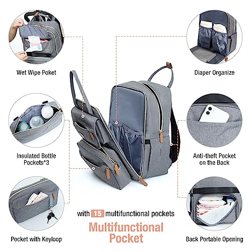 Tonyeee Diaper Bag Backpack- Removable Cross Body Bag,Travel Essentials Baby Bag with Changing Pad & Stroller Straps,Multi function Large Capacity, Waterproof and Stylish, Gray