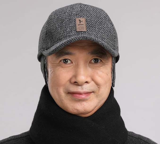 FGSS Mens Winter-Woolen Baseball-Cap with Earflaps - Adjustable Warm Dad Cap for Cold Weather (56-60CM) Grey
