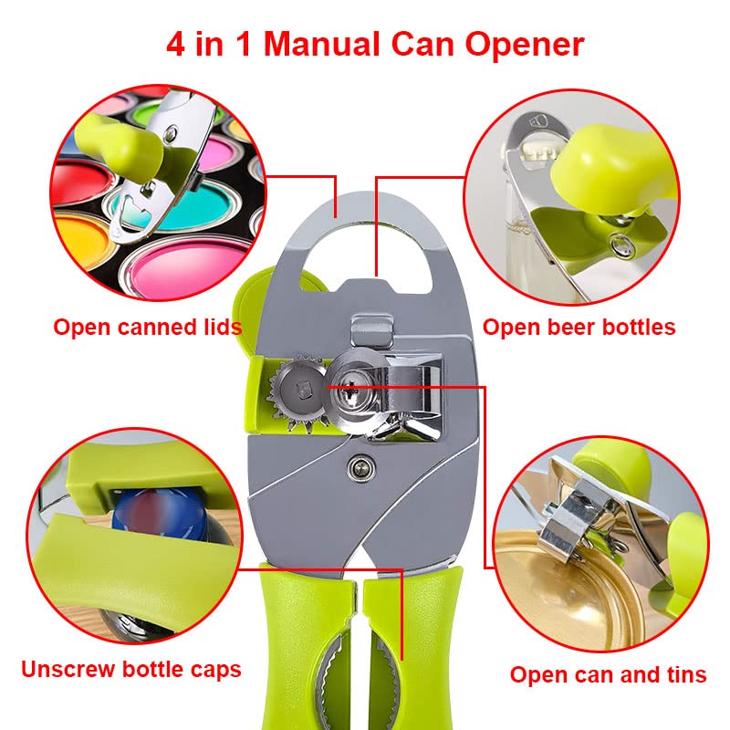GOOCHOO Manual Can Opener 4-in-1 Stainless Steel Professional Can Opener, Food Safety, Ultra Sharp Cutting, Smooth Edge, Bottle Can Openers Perfect for Seniors with Arthritis (Green)