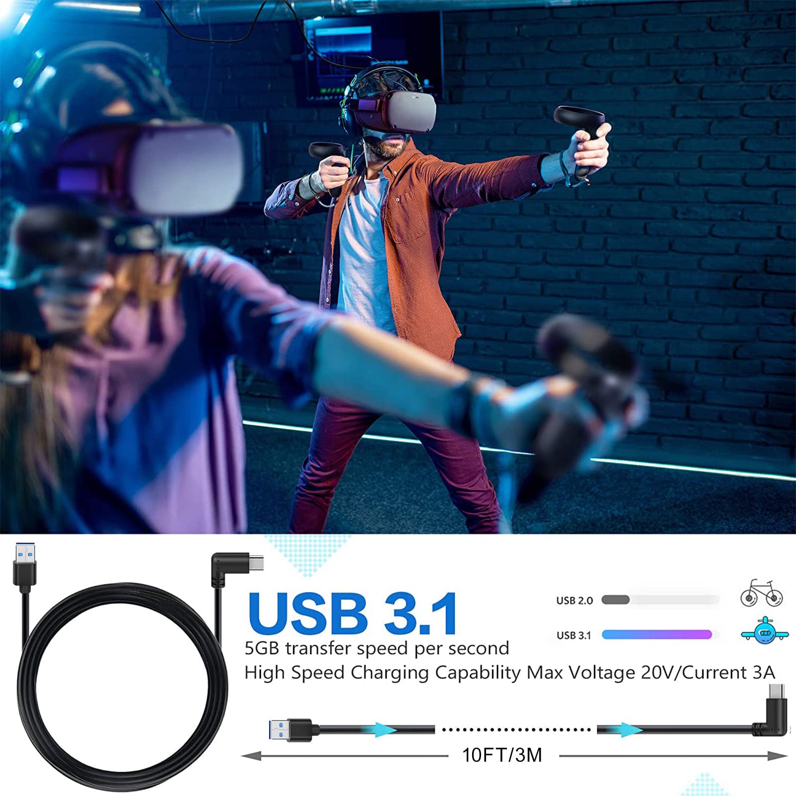 Eagolloar USB A to USB C VR Headset Link Cable for Oculus Quest 2 and Quest,USB 3.2 Gen1 5Gbps High Speed and Fast Charging Virtual Reality Headset Cable for for PC Gaming-3M/10FT